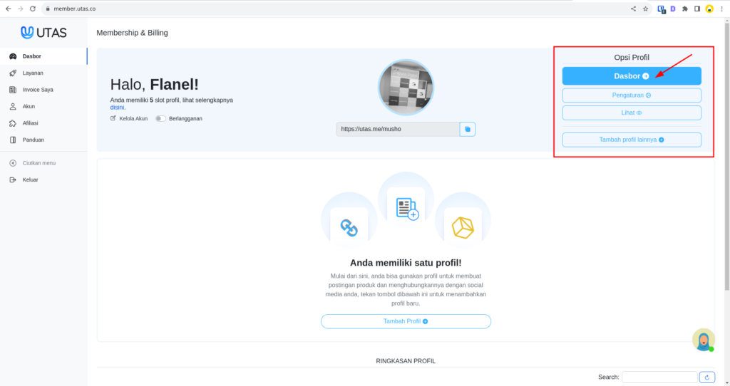 Cara Mengakses Halaman Dashboard Profile Utas